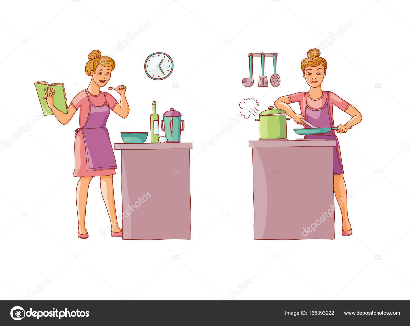 Vector illustration set of women preparing food in the kitchen ...