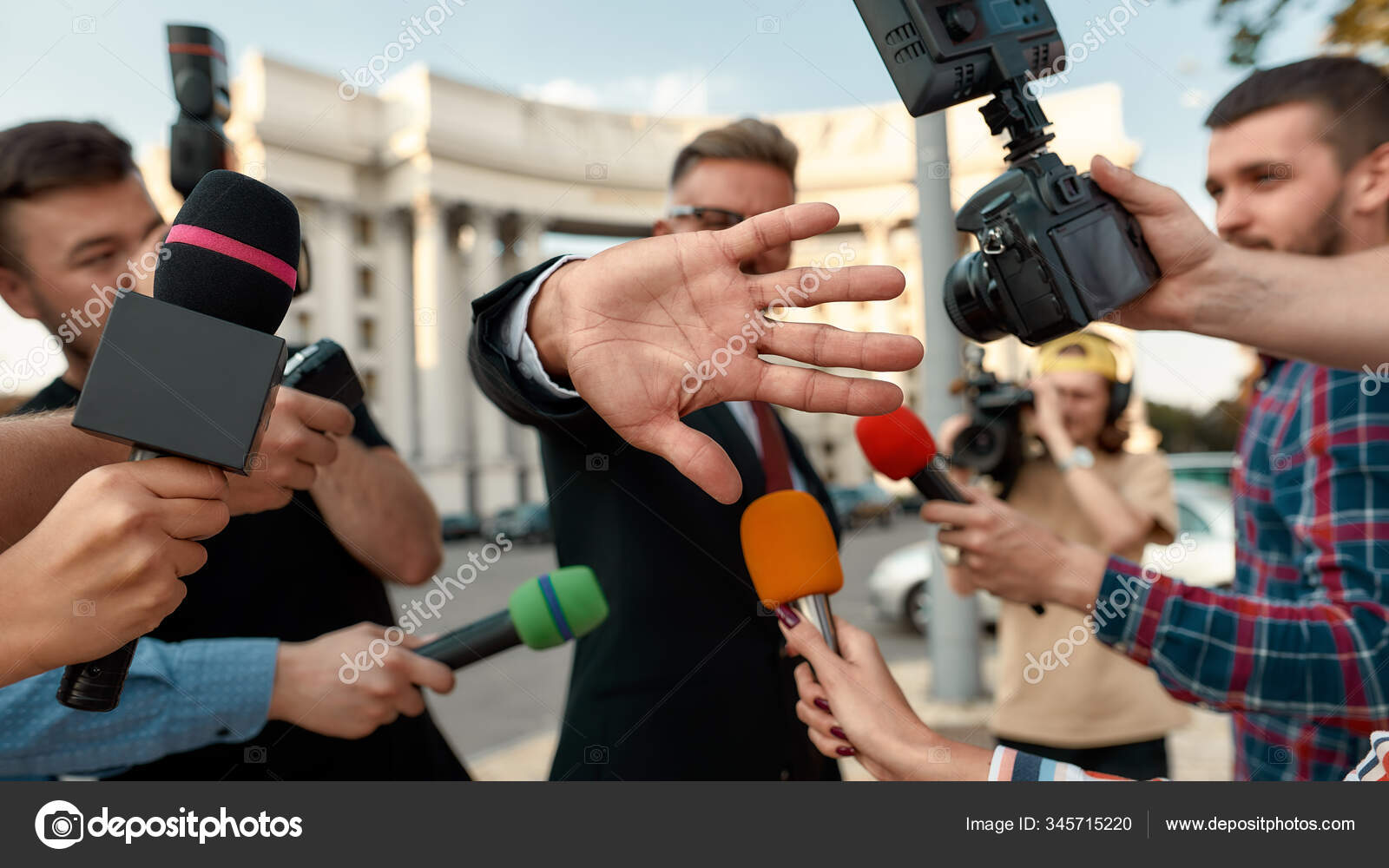 No news. Journalists trying to conduct interview of politician. Journalism industry, live ...