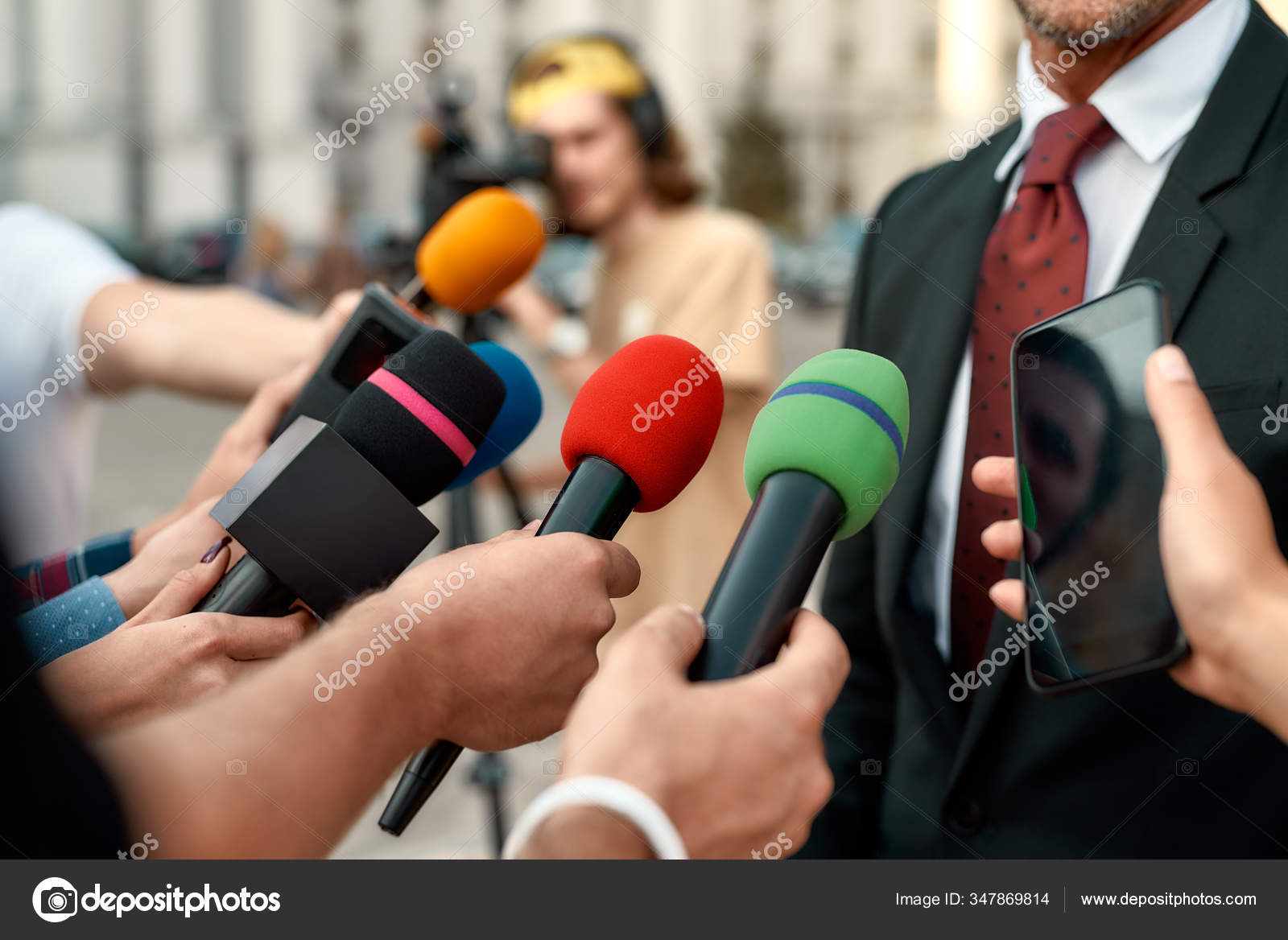 Journalists conducting interview of politician. Journalism industry, live streaming concept ...