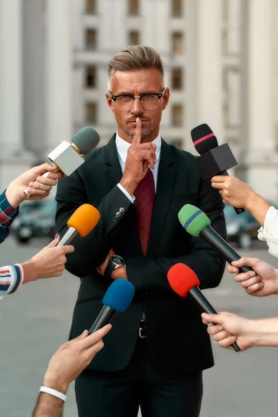 Journalists conducting interview of politician. Journalism industry, live streaming concept ...