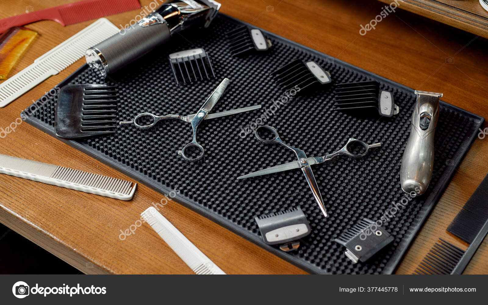 Barber tools. Scissors, combs for hair and beard, hair clipper are ...