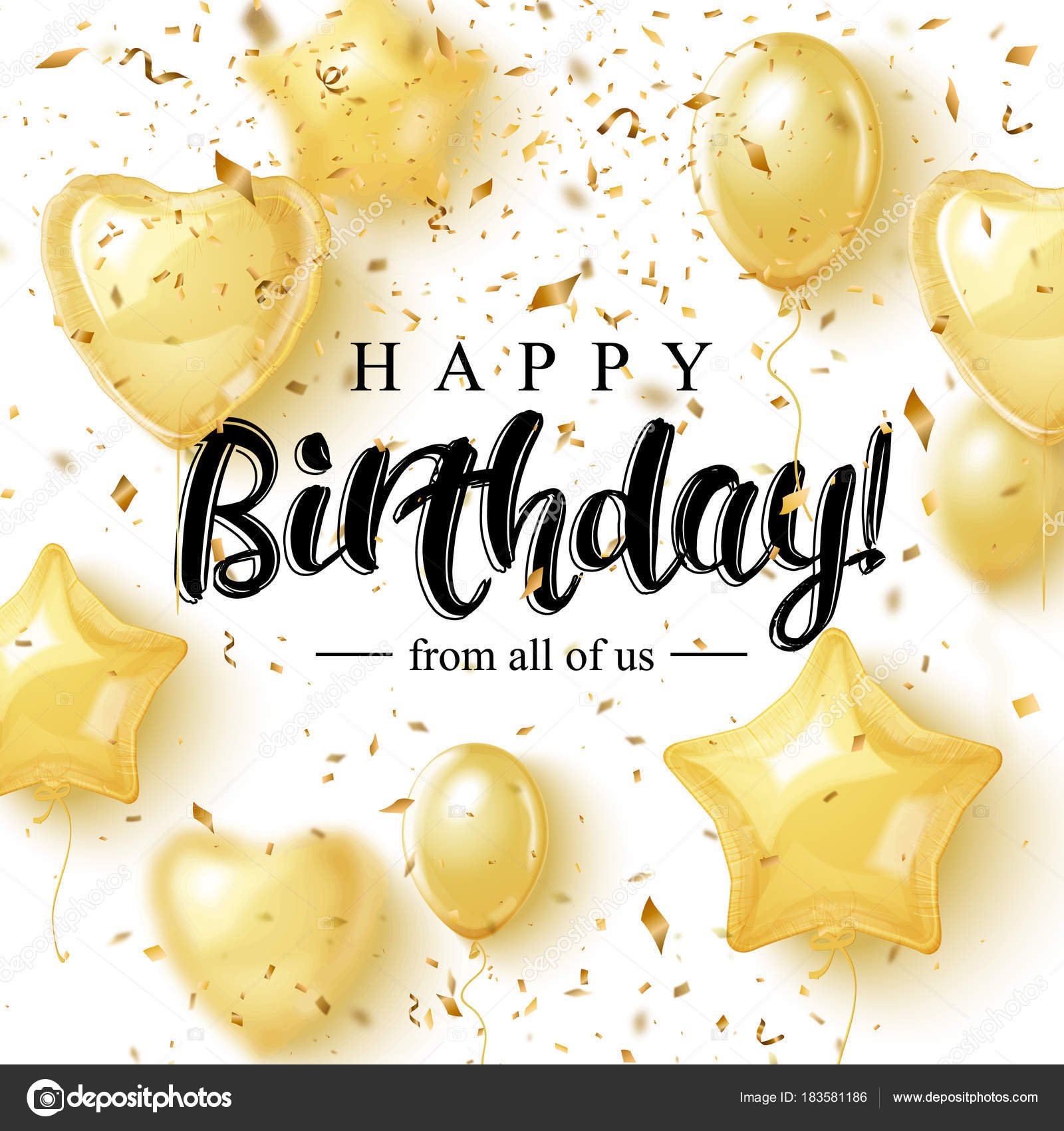 Happy Burtday Greeting Card Design with Golden Balloons and pieces of ...