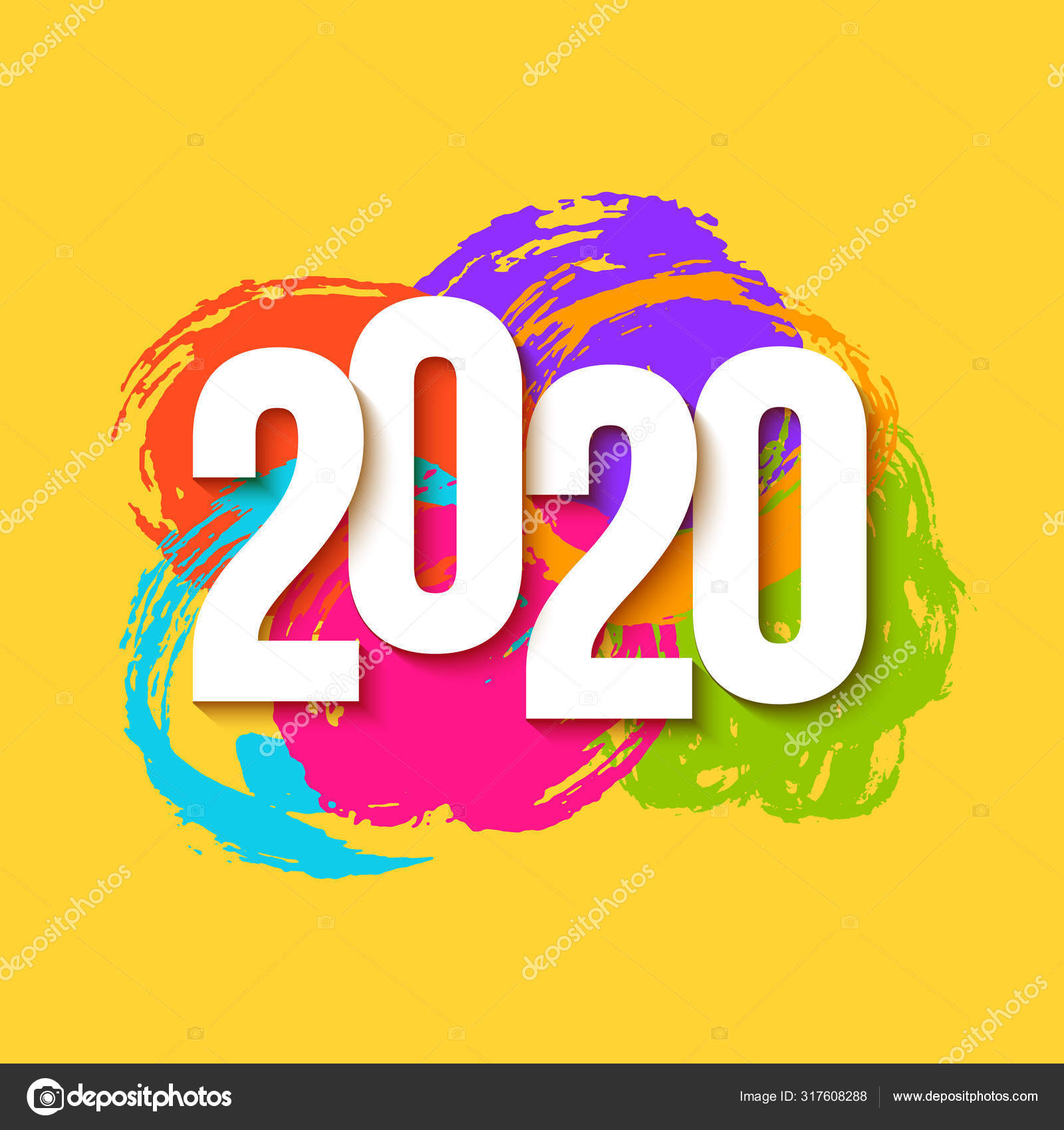 New Year 2020 logo text design with colorful blots on yellow background ...