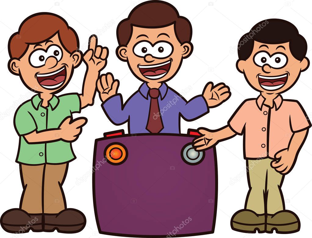 Concursantes y anfitrión de la ilustración de dibujos animados de la ...