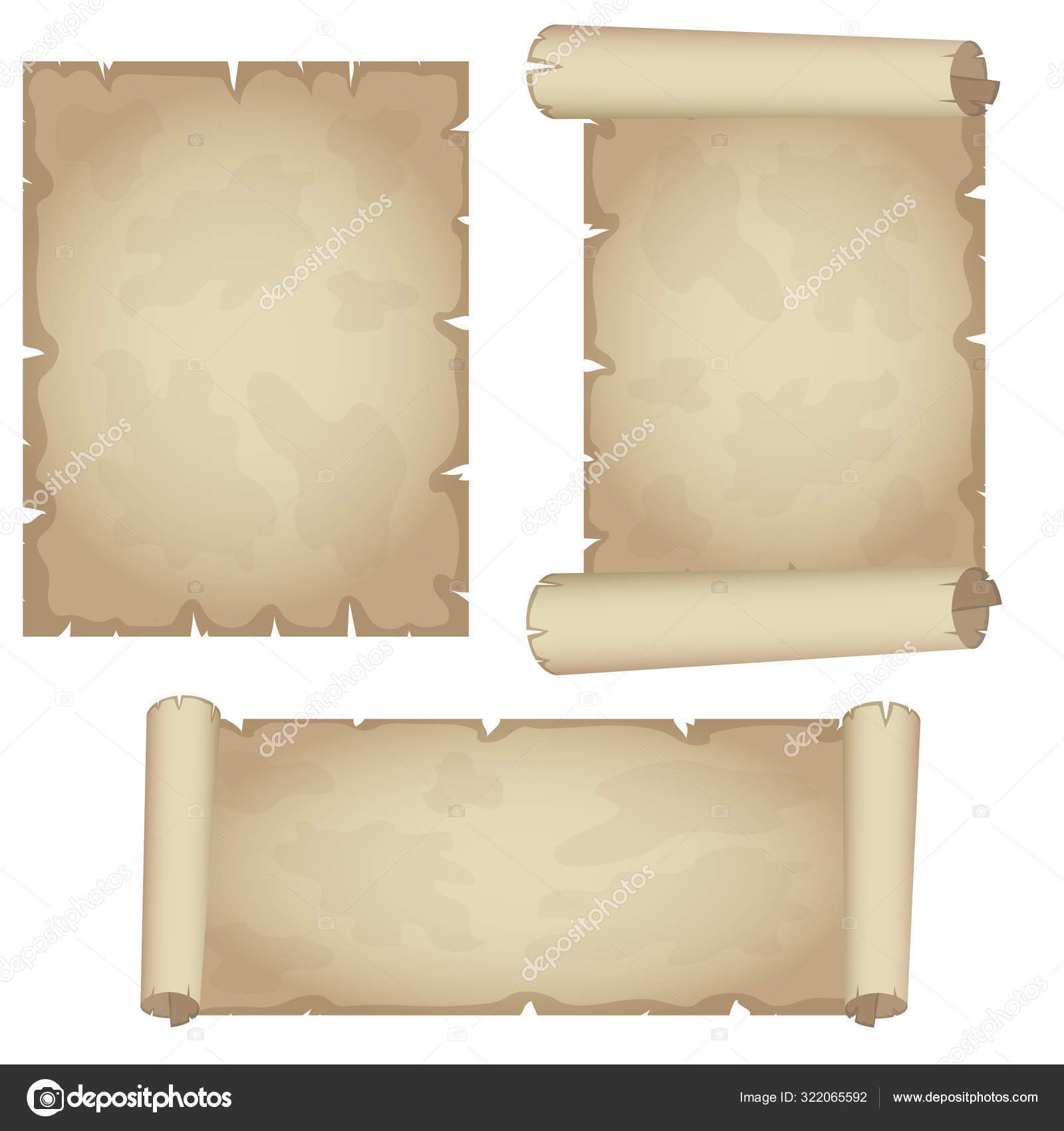 Conjunto de rollos de papiro texturizado aislados en fondo blanco ...