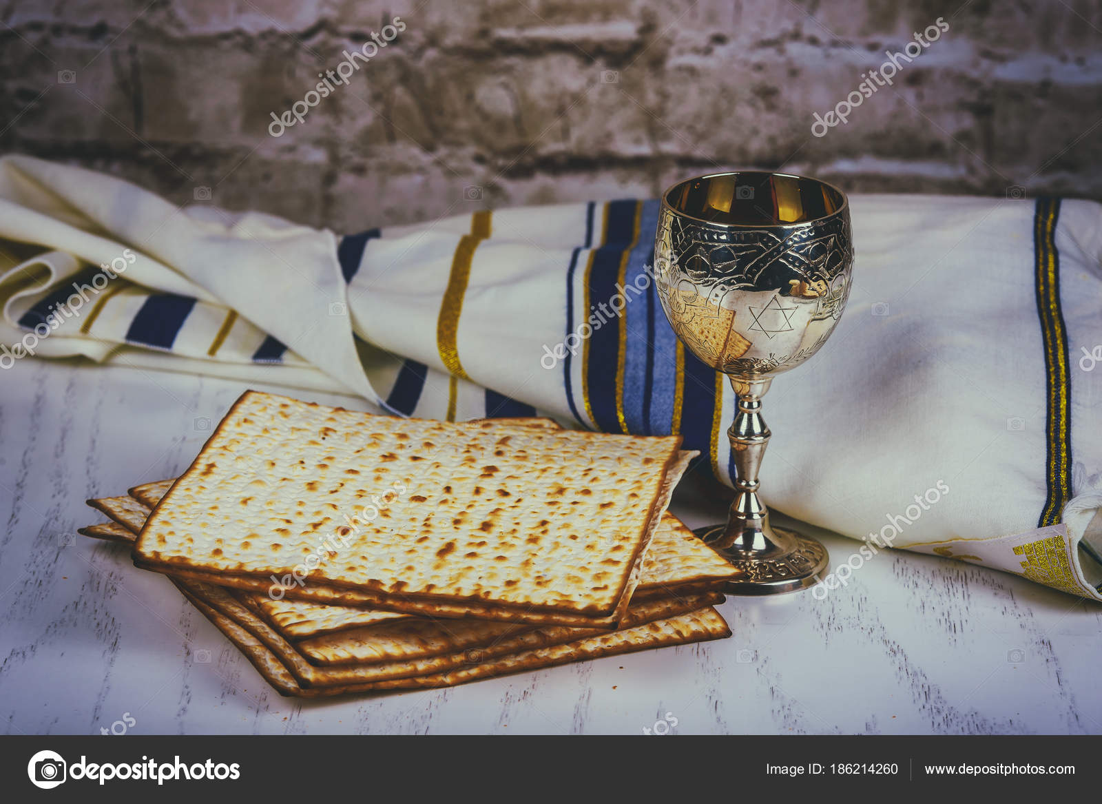 Pesach Passover symbols of great Jewish holiday. Traditional matzoh ...
