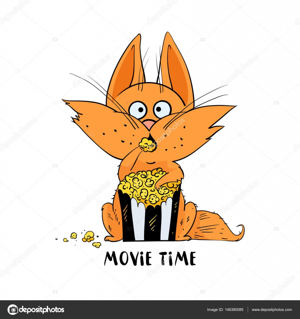 Funny cat eat popcorn and watching a movie. Stock Vector Image by ...