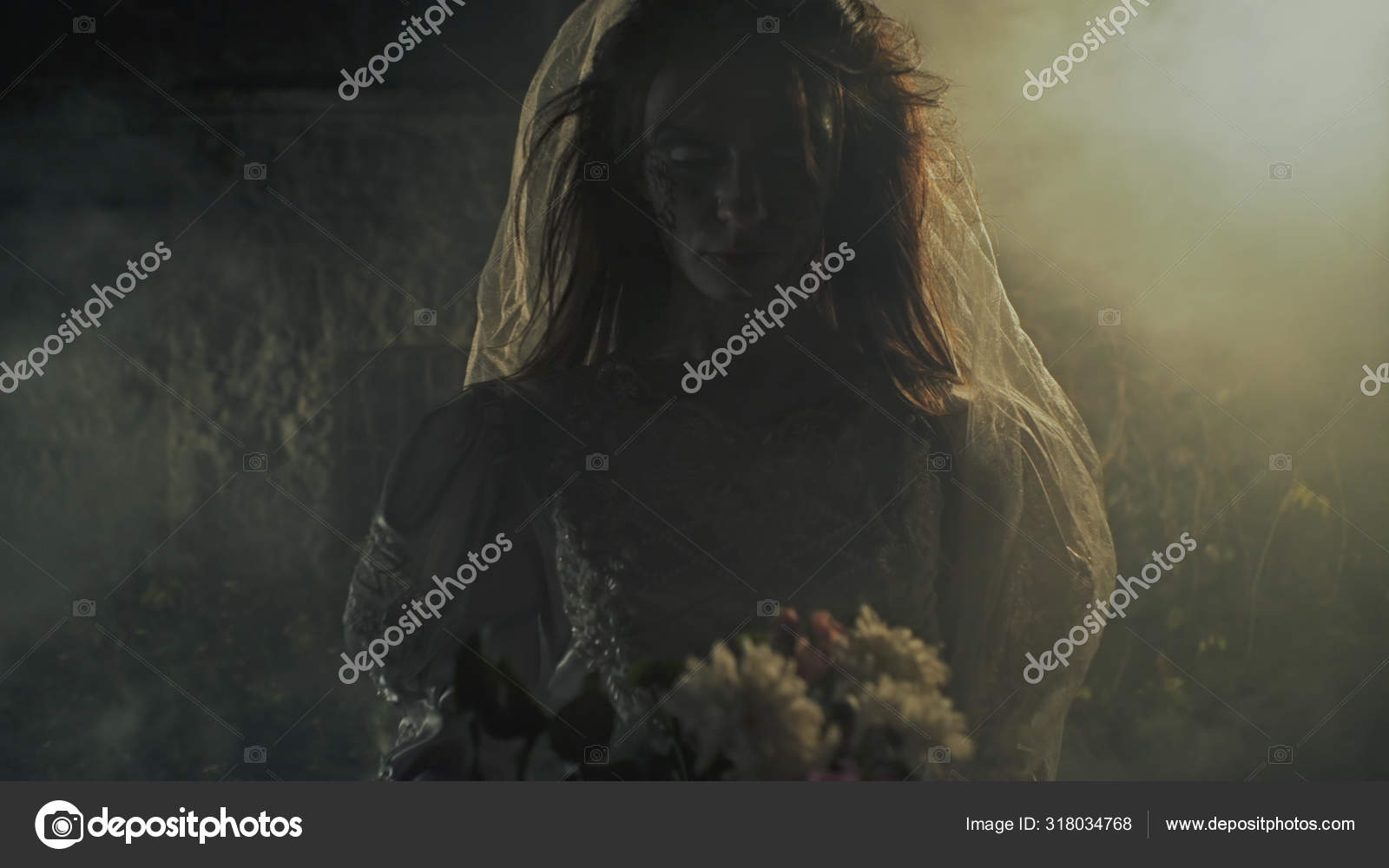 Creepy lone bride standing on the road before the car at night — Stock ...