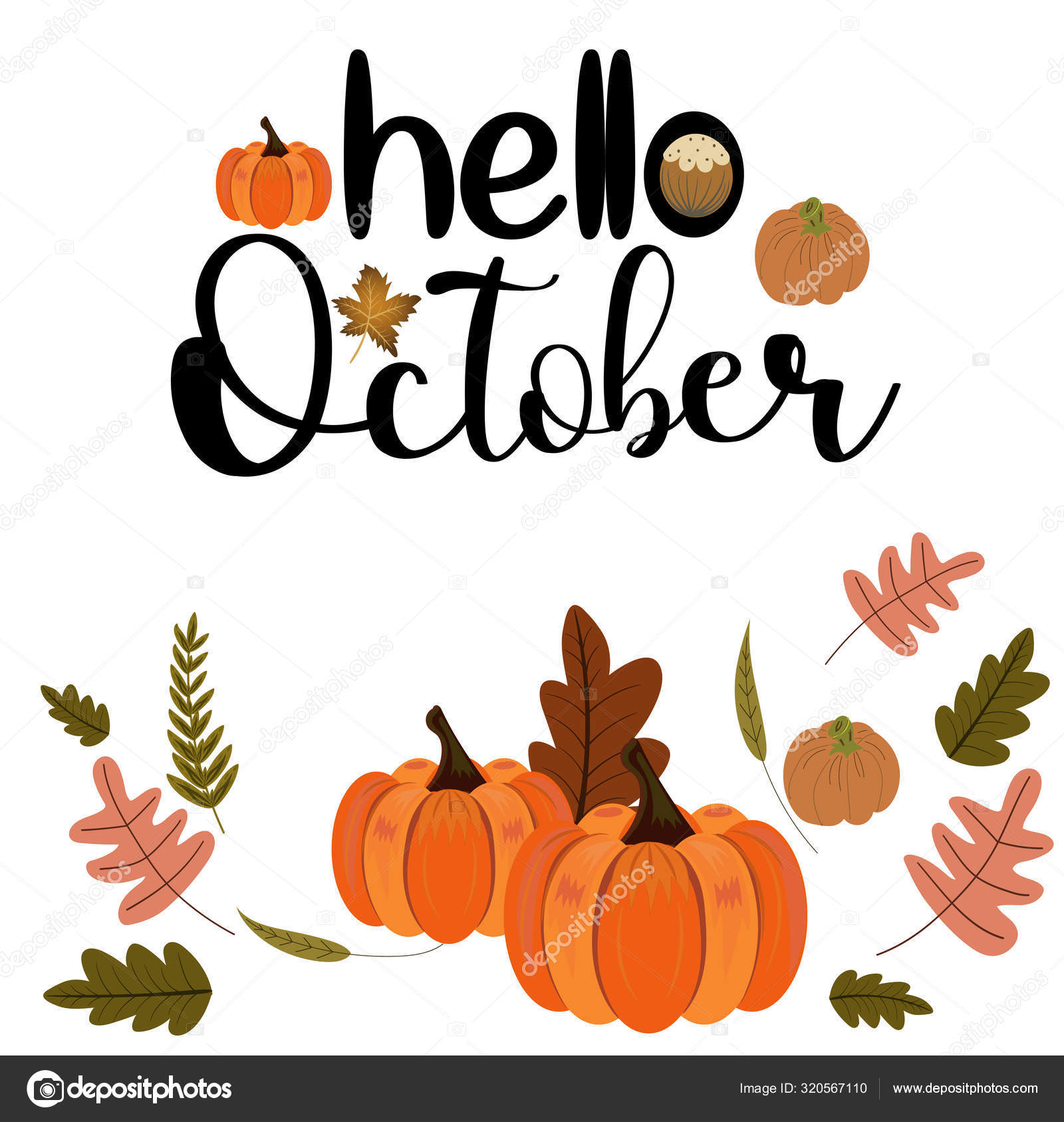 Hello October Month Vector Pumpkin Autumn Leaves Illustration Month ...