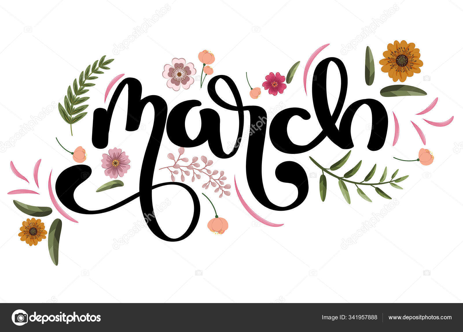 March Month Text Lettering Handwriting Flowers Leaves Stock Vector ...