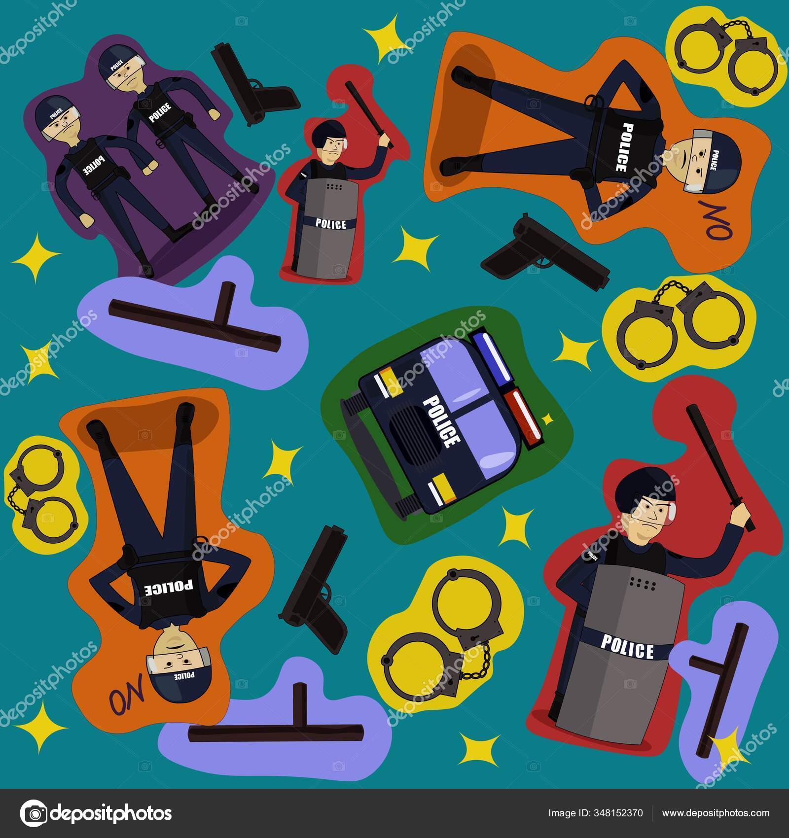 Pattern Various Police Officers Body Armor Helmets Batons Items Cops ...