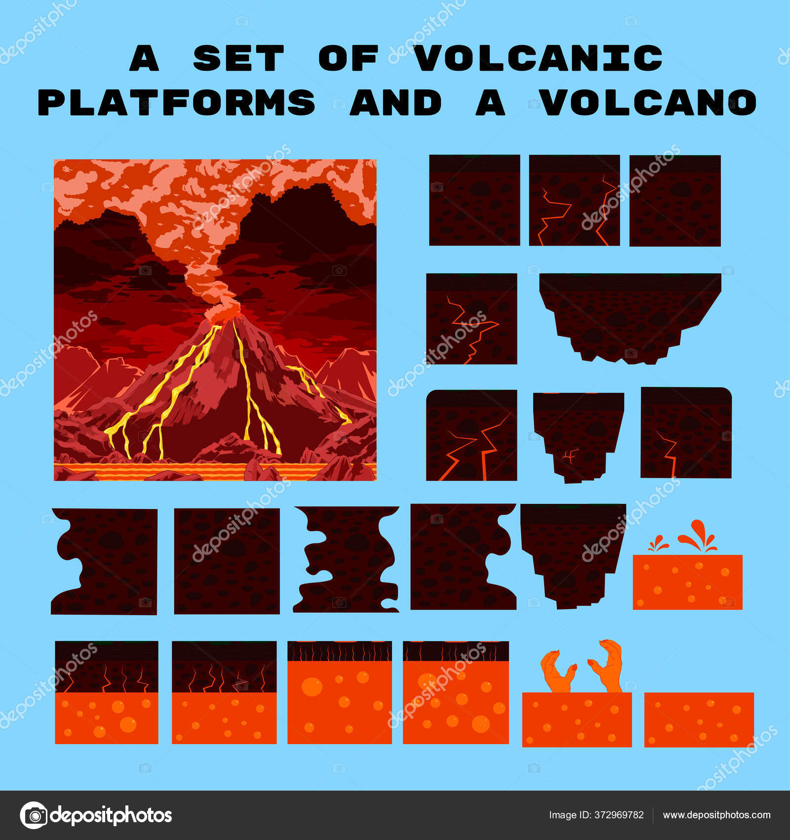 Set Volcanic Platforms Volcano Platform Game Isolated Objects Vector ...