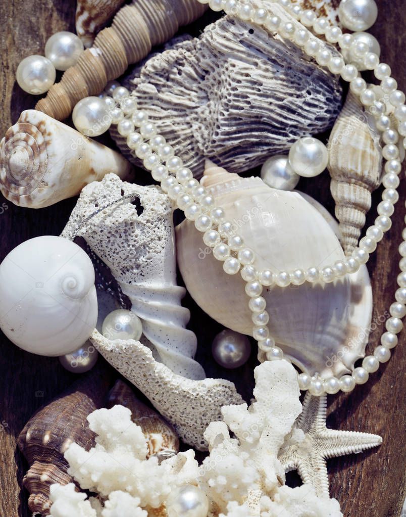 una gran cantidad de conchas marinas y perlas en el desorden del arte 2023