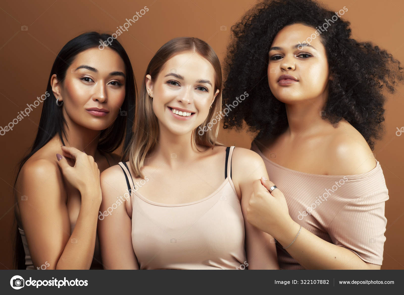 Young pretty asian, caucasian, afro woman posing cheerful together on ...