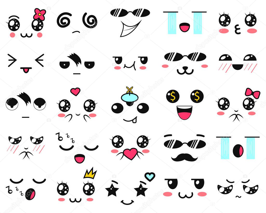 Caras lindas de Kawaii. Ojos y bocas estilo manga. Divertido emoticono japonés de dibujos ...