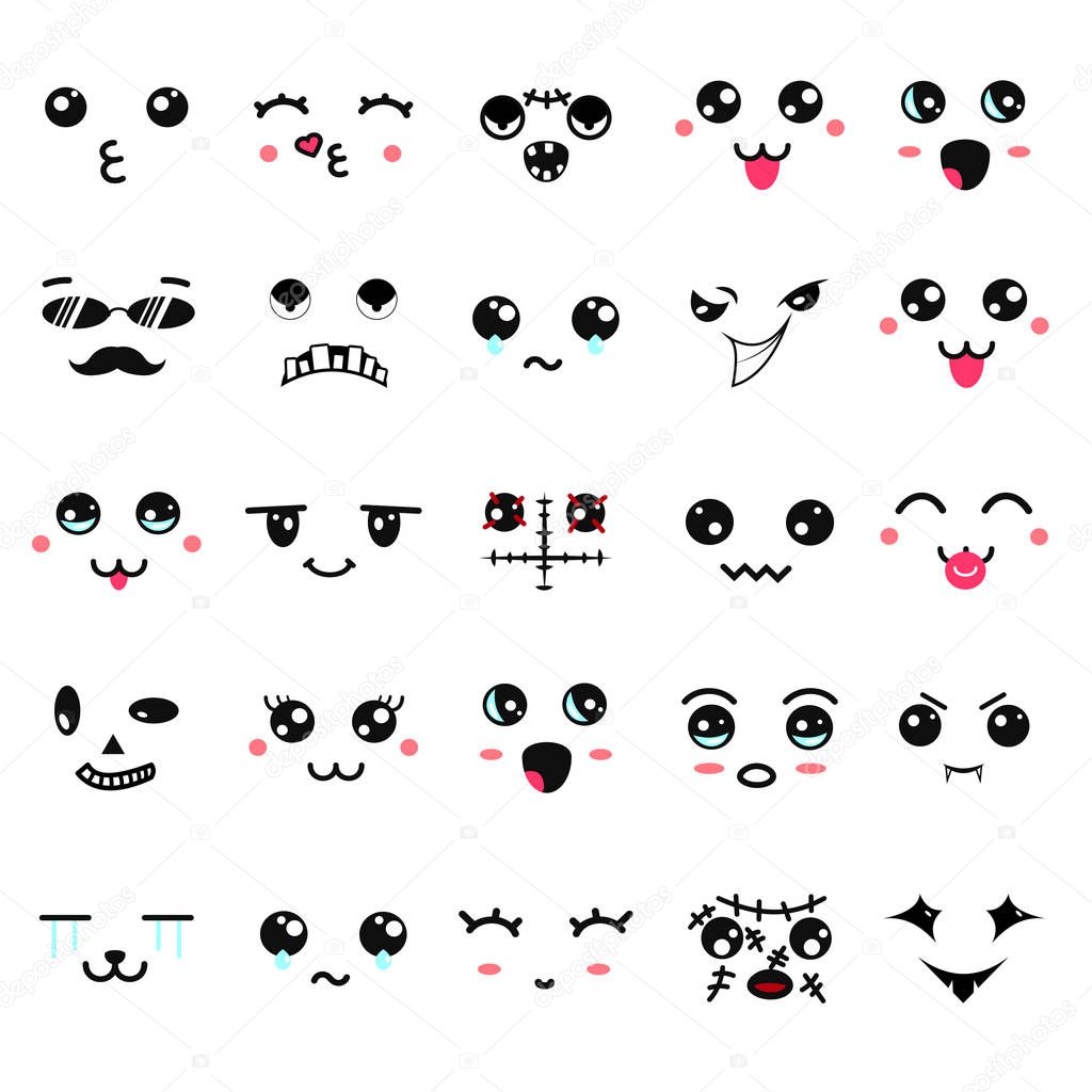 Caras lindas de Kawaii. Ojos y bocas estilo manga. Divertido emoticono japonés de dibujos ...