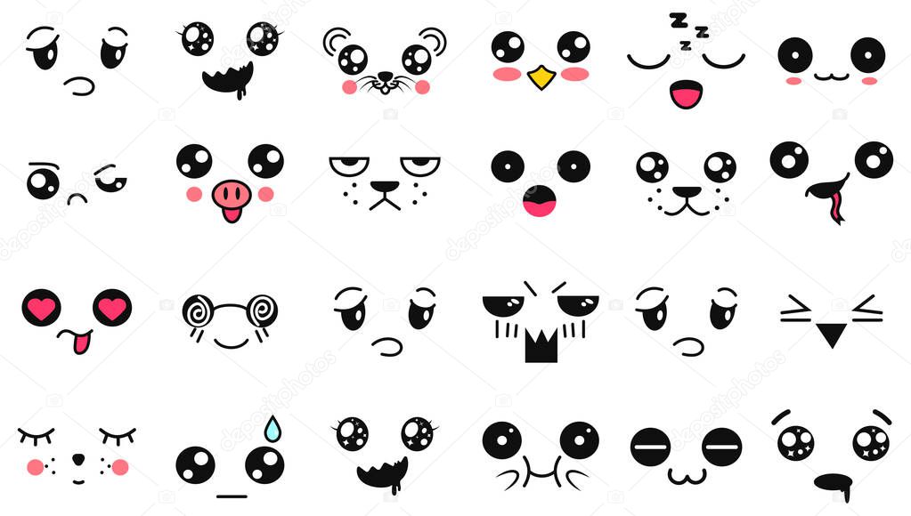 Caras lindas de Kawaii. Ojos y bocas estilo manga. Divertido emoticono japonés de dibujos ...