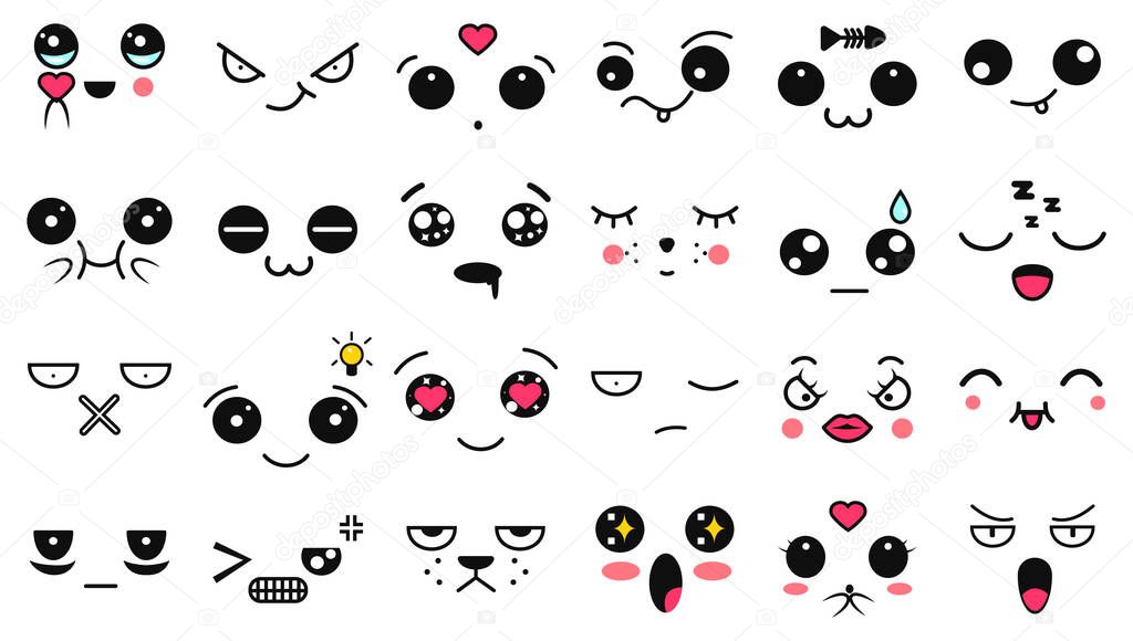 Caras lindas de Kawaii. Ojos y bocas estilo manga. Divertido emoticono japonés de dibujos ...