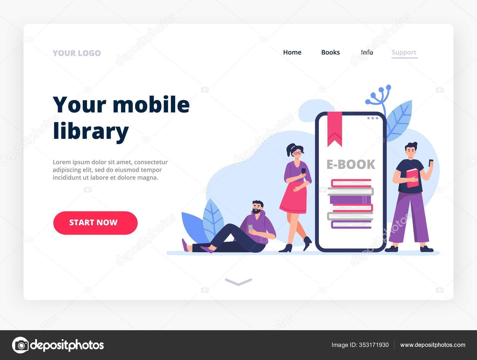 Landing page template with people reading books and learning on their ...