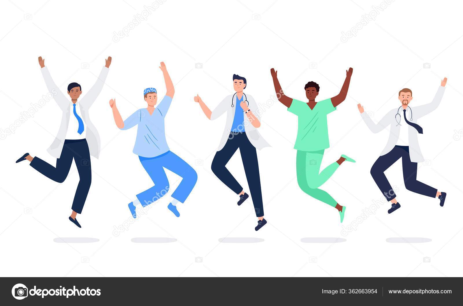 Set of happy medicine workers. Multicultural men jumping with raised ...