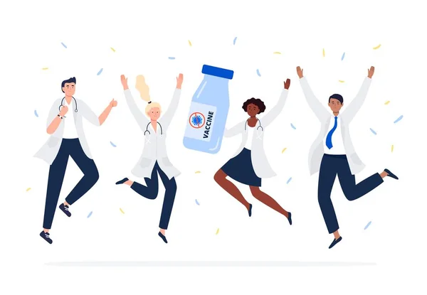 Set of happy medicine workers. Multicultural men jumping with raised ...