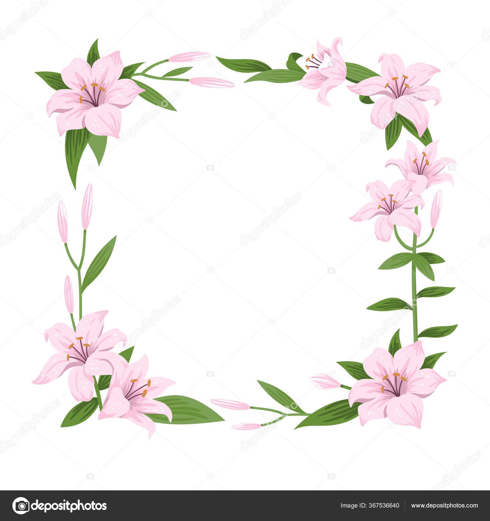 Floral frame with pink lilies can be used as an invitation card for a ...