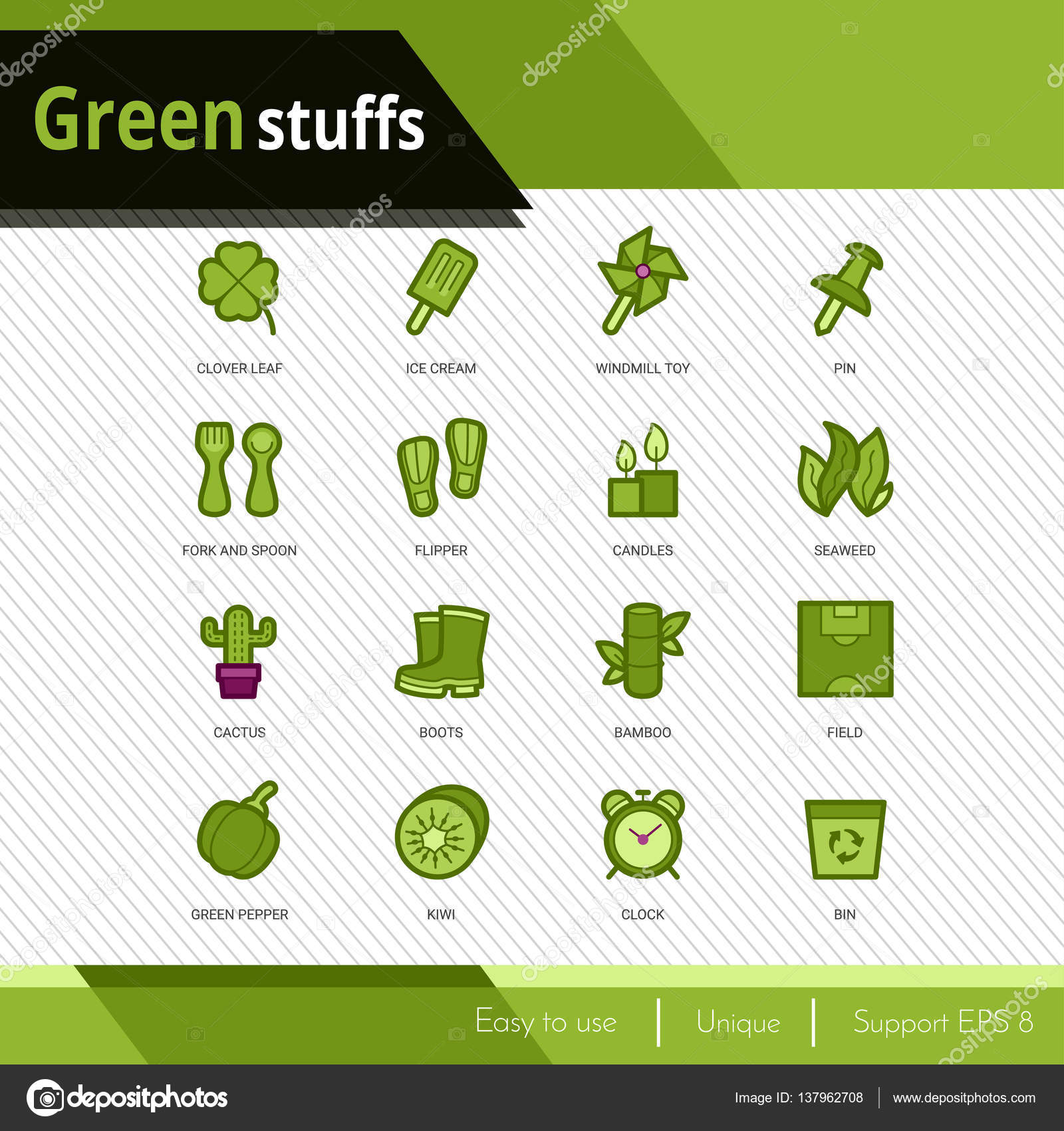 Green stuffs vector icons set on white background. Premium quality ...