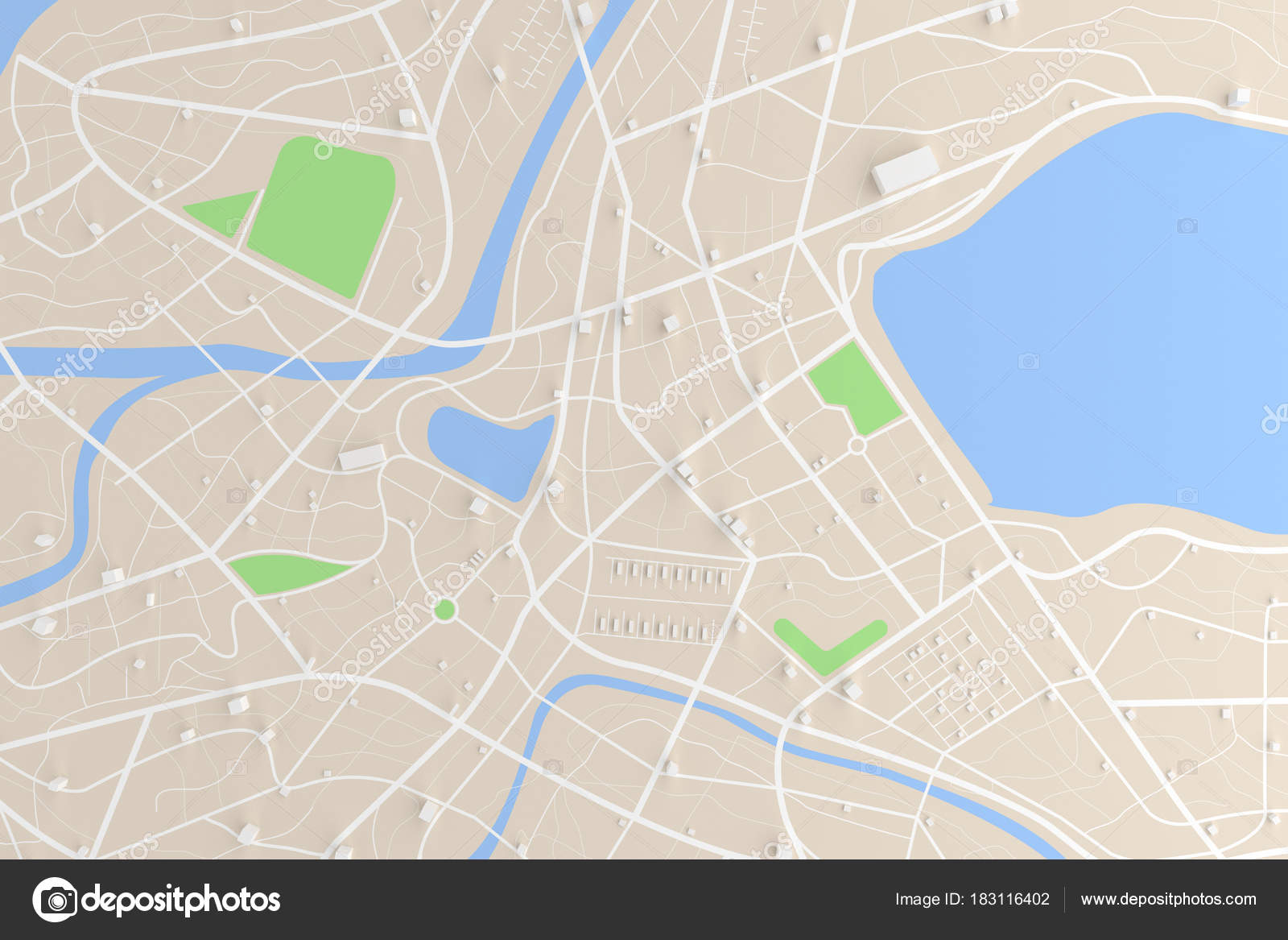 3D rendered top view of city map with road building river 3D ill ...