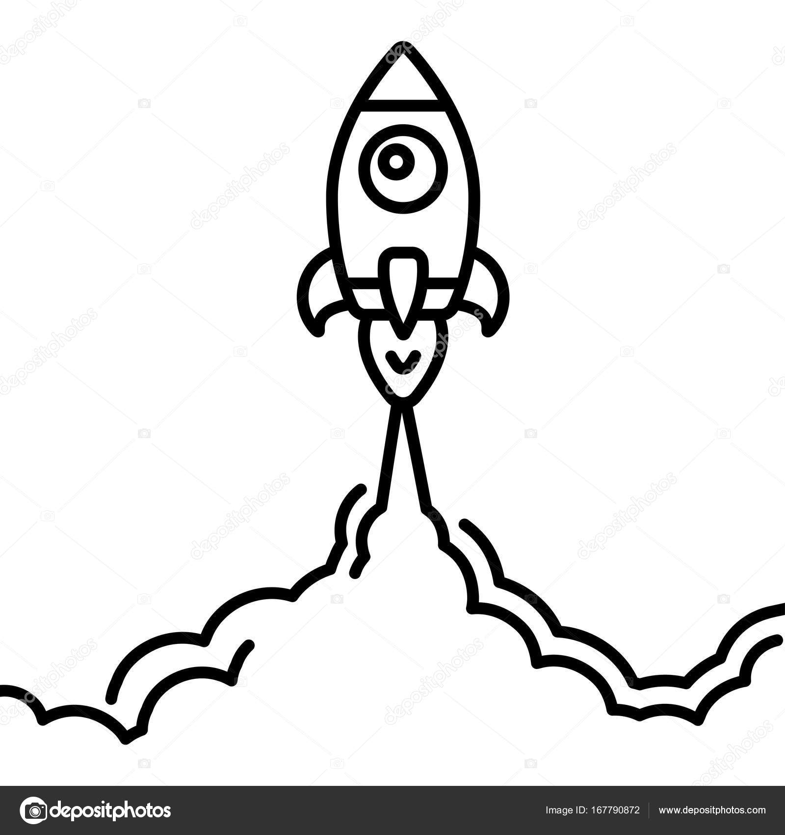 Minimalistic rocket launch line icon. Rocket illustration with clouds ...