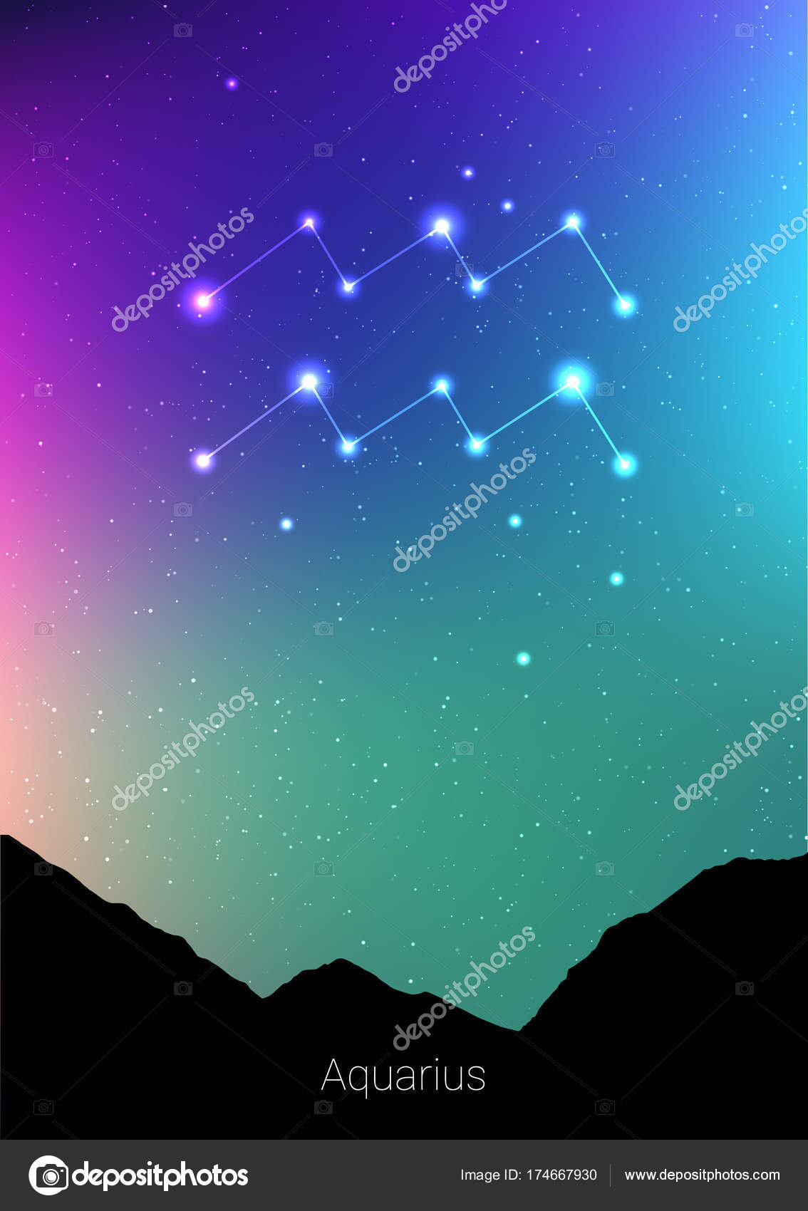 Aquarius zodiac constellations sign with forest landscape silhouette on ...