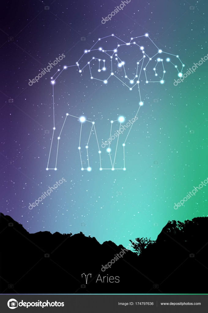 Aries zodiac constellations sign with forest landscape silhouette on ...