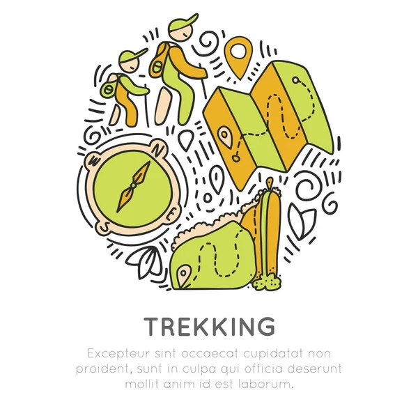 Trekking travelling icon collection, hiking hand draw cartoon icons ...