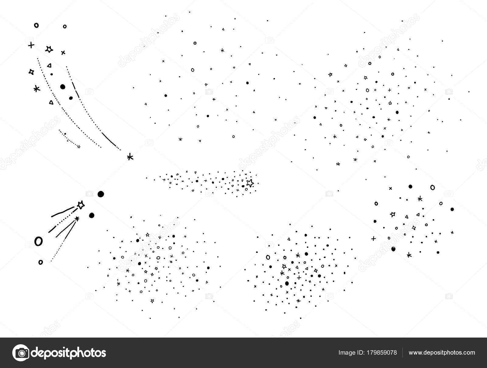 Hand loting sterrenhemel elementen. Sterren cluster, vallende sterren ...