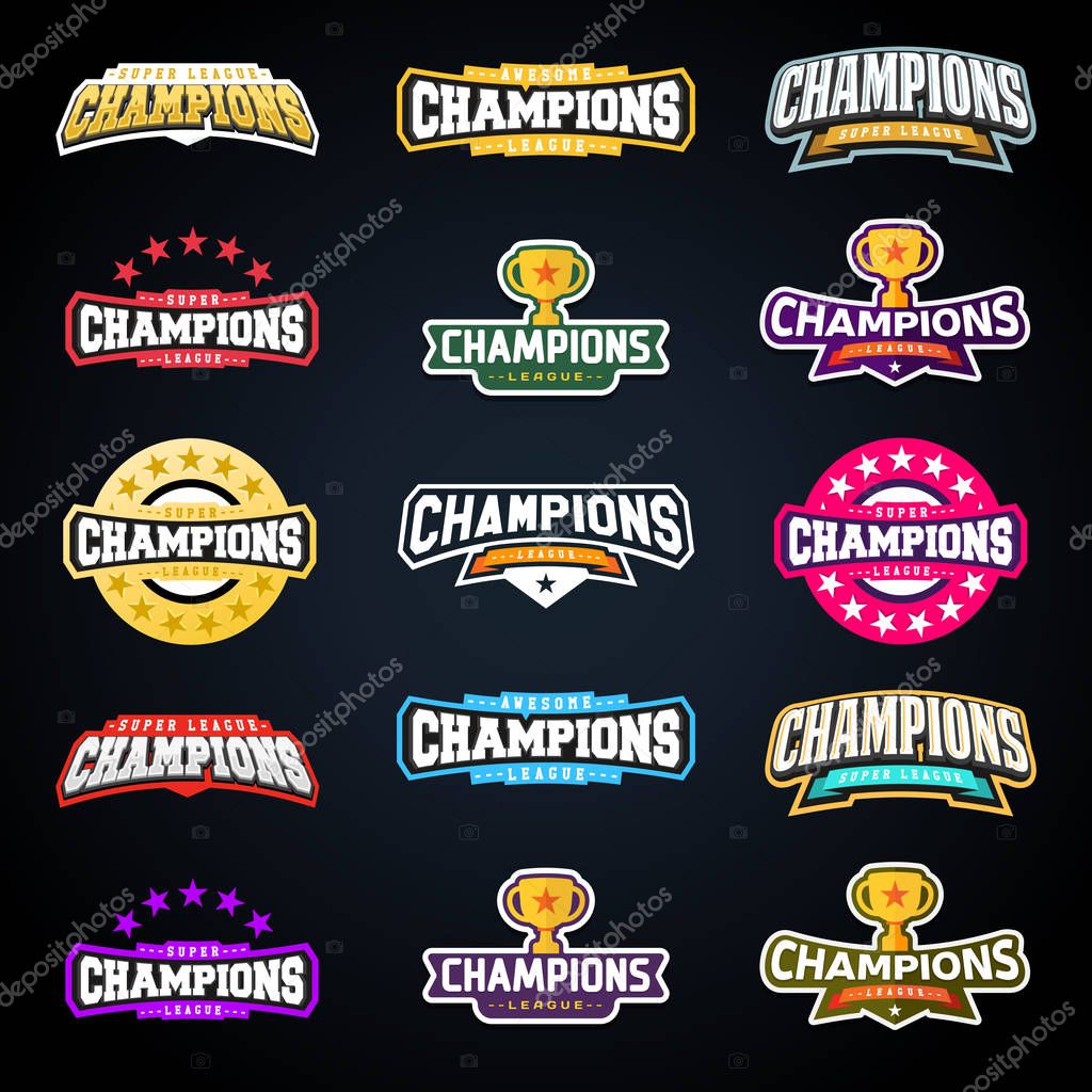 Juego de tipografía de campeón deportivo o emblema de liga de campeones ...