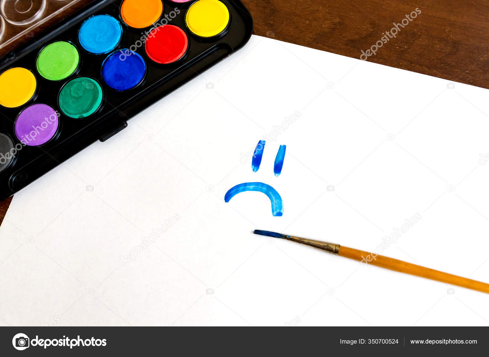 Sad Smile Face Painted Brush Watercolor Paints White Background Box ...