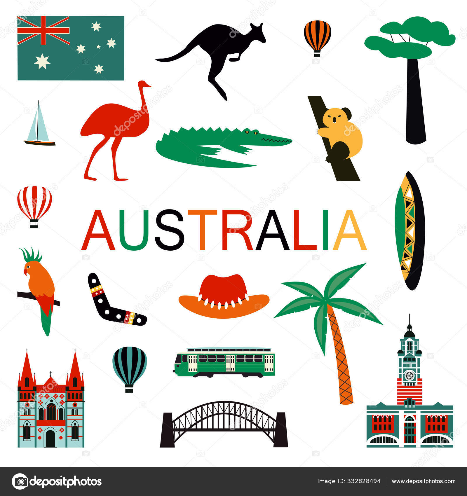 Australia Symbols Icons Isolated White Vector Illustration 스톡 벡터 ...