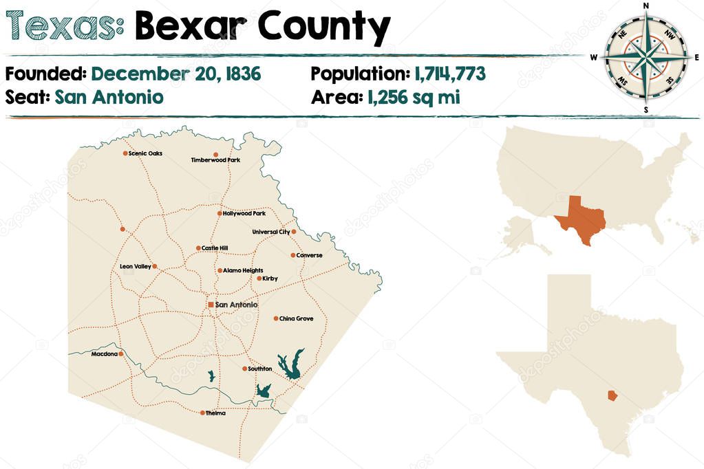 Mapa detallado de Condado de Bexar en Texas, Estados Unidos 2024