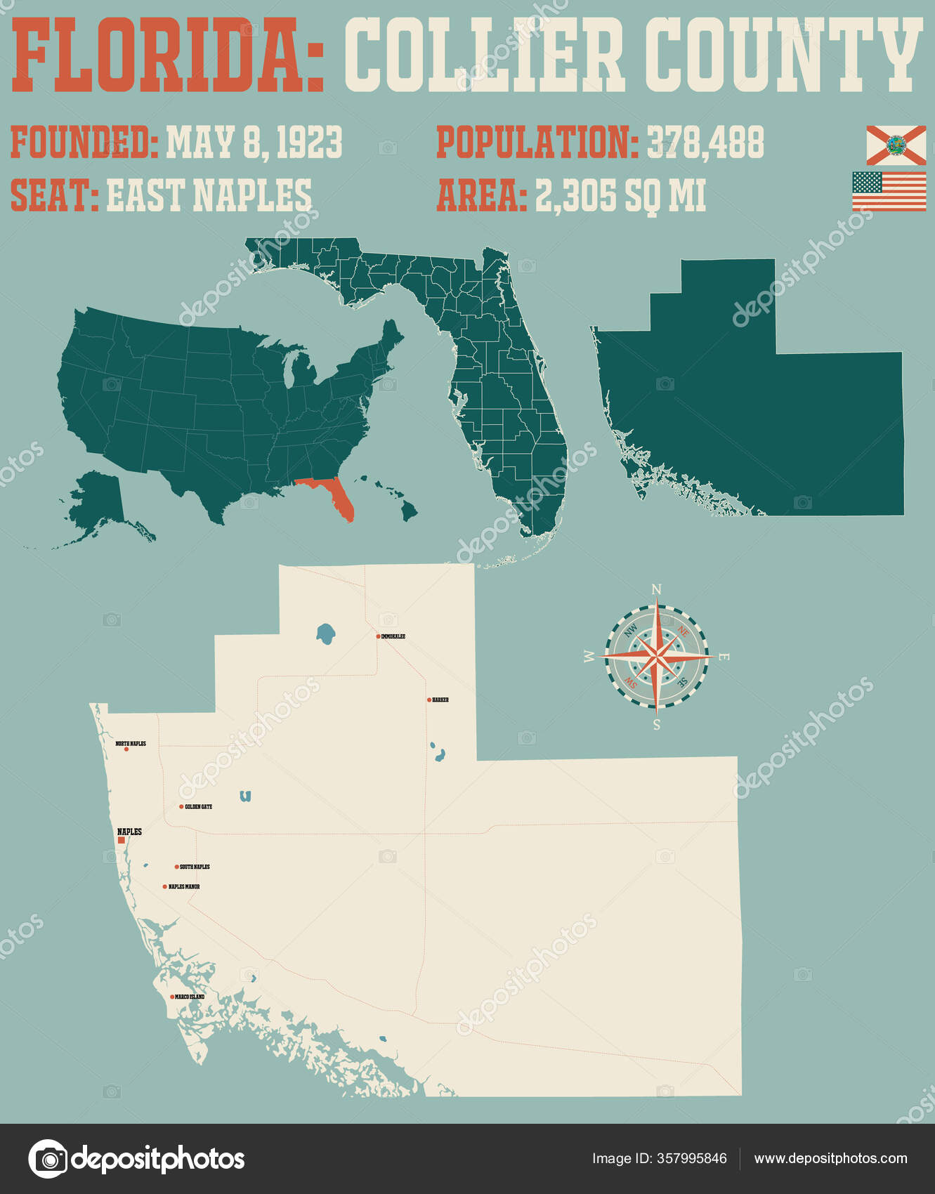 Mapa Grande Detallado Del Condado Collier Florida Estados Unidos Vector ...