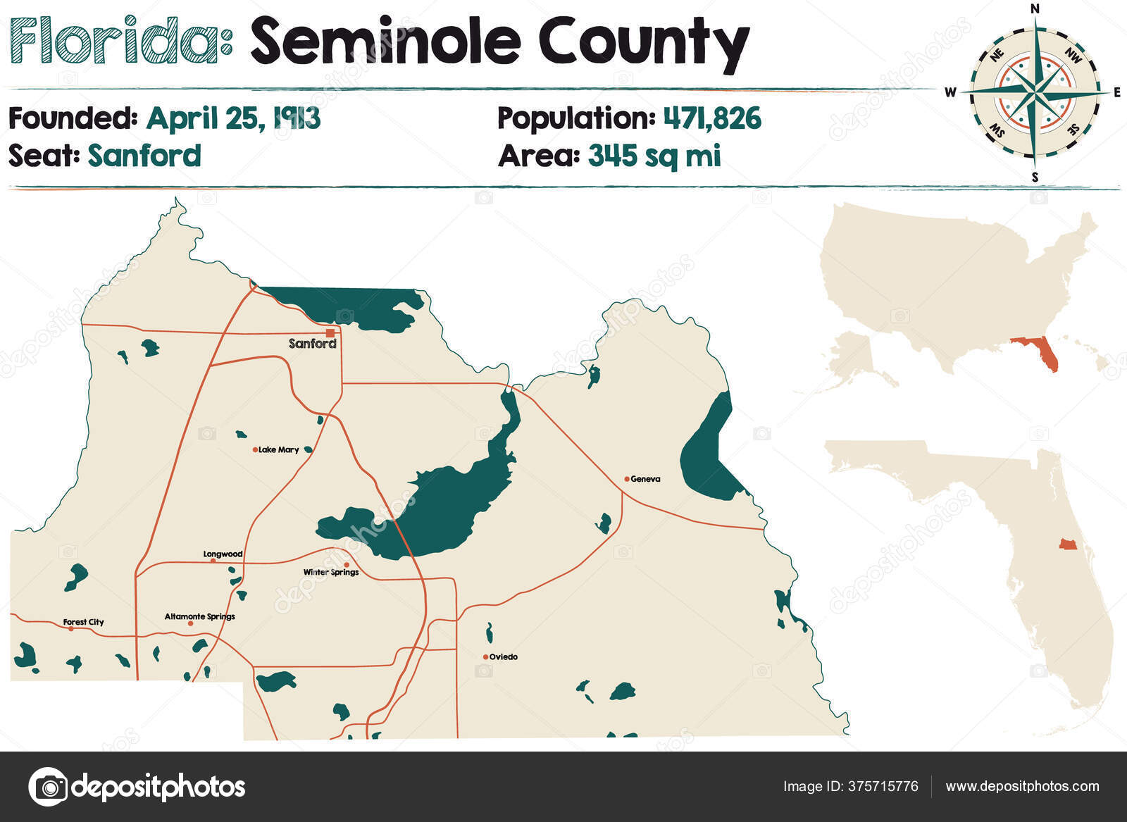 Large Detailed Map Seminole County Florida Usa Stock Vector Image by ...