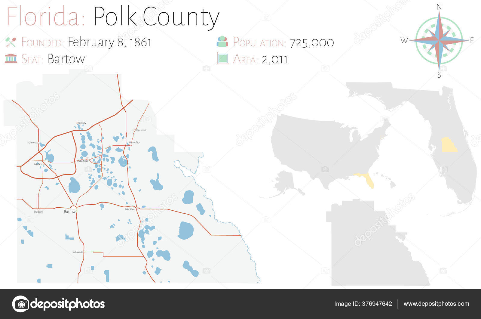 Large Detailed Map Polk County Florida Usa Stock Vector Image by ...