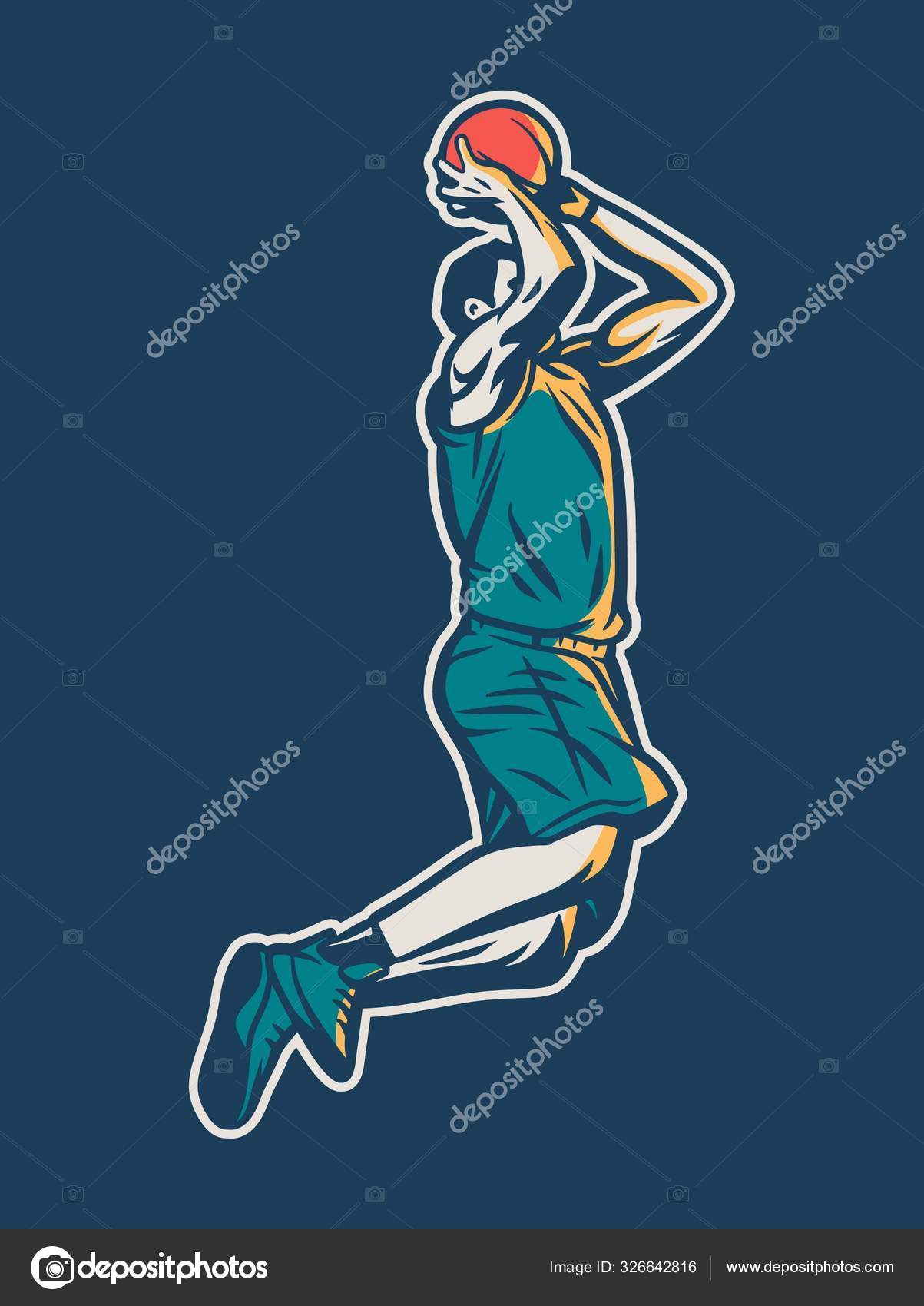 Vintage retro illustration of player jump and do dunk with two hand ...