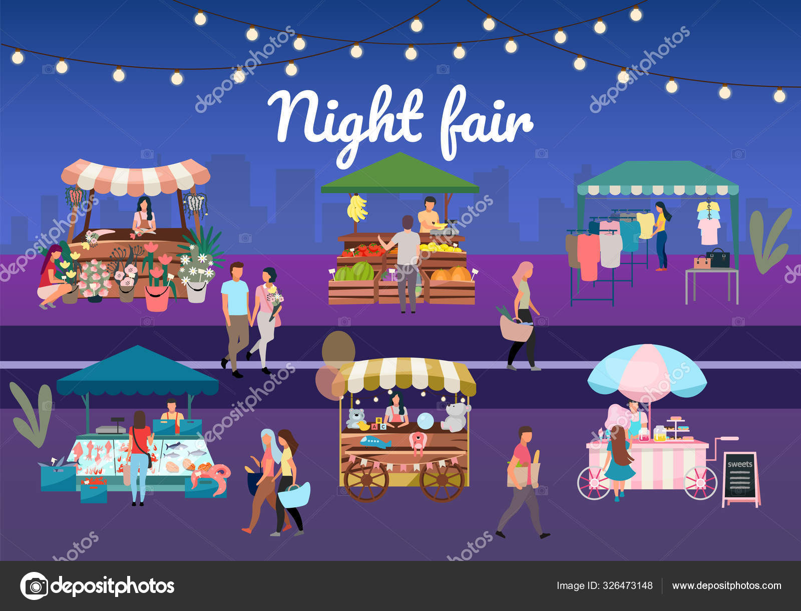 Night street fair flat vector illustration. Outdoor market stalls ...