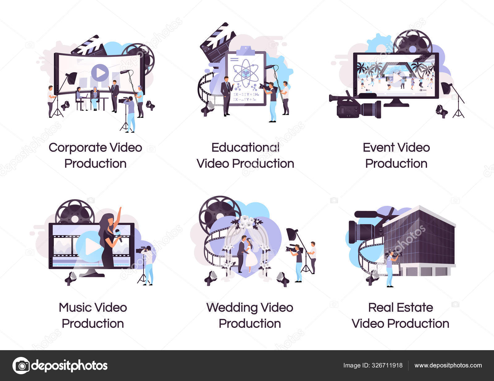 Video production flat concept icons set. Videography and filmmaking ...