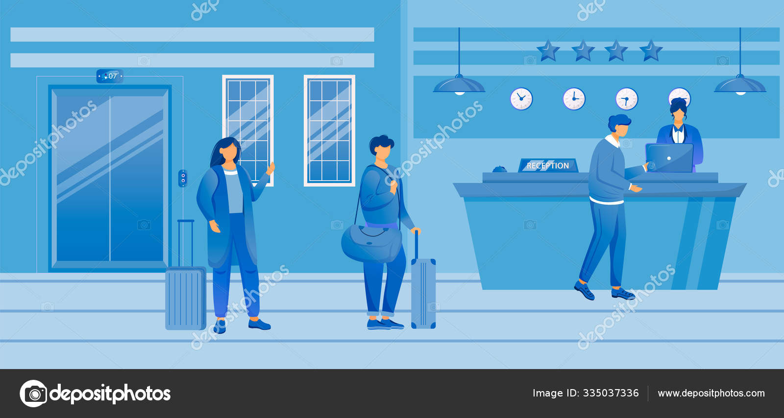Hotel check in flat vector illustration. Tourists with baggage at ...