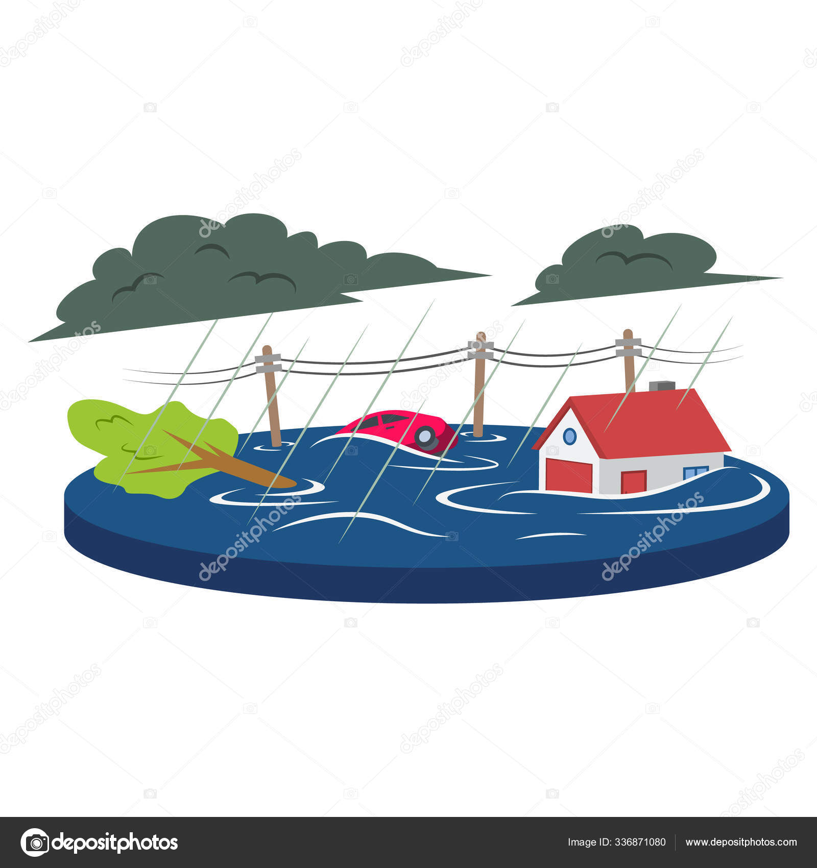 Flood cartoon vector illustration. Inundation, deluge. Flowing water ...