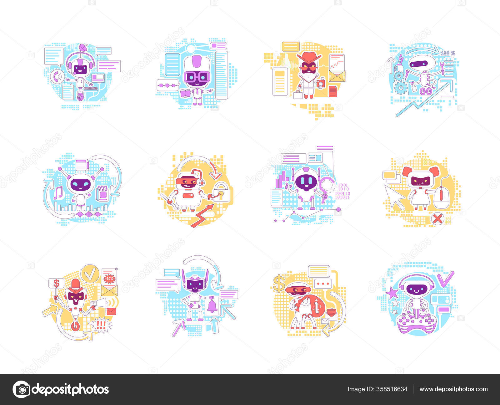 Good Bad Bots Thin Line Concept Vector Illustrations Set Internet Stock ...