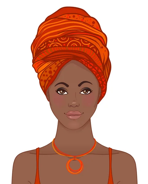 Animation Portrait Beautiful Black Woman Turban Gold Jewelry Ethnic