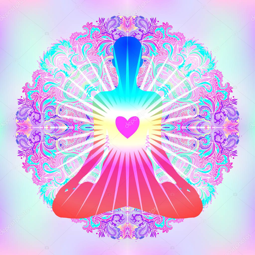 Concepto de Chakra del Corazón. Amor interior, luz y paz. Silueta en 2023