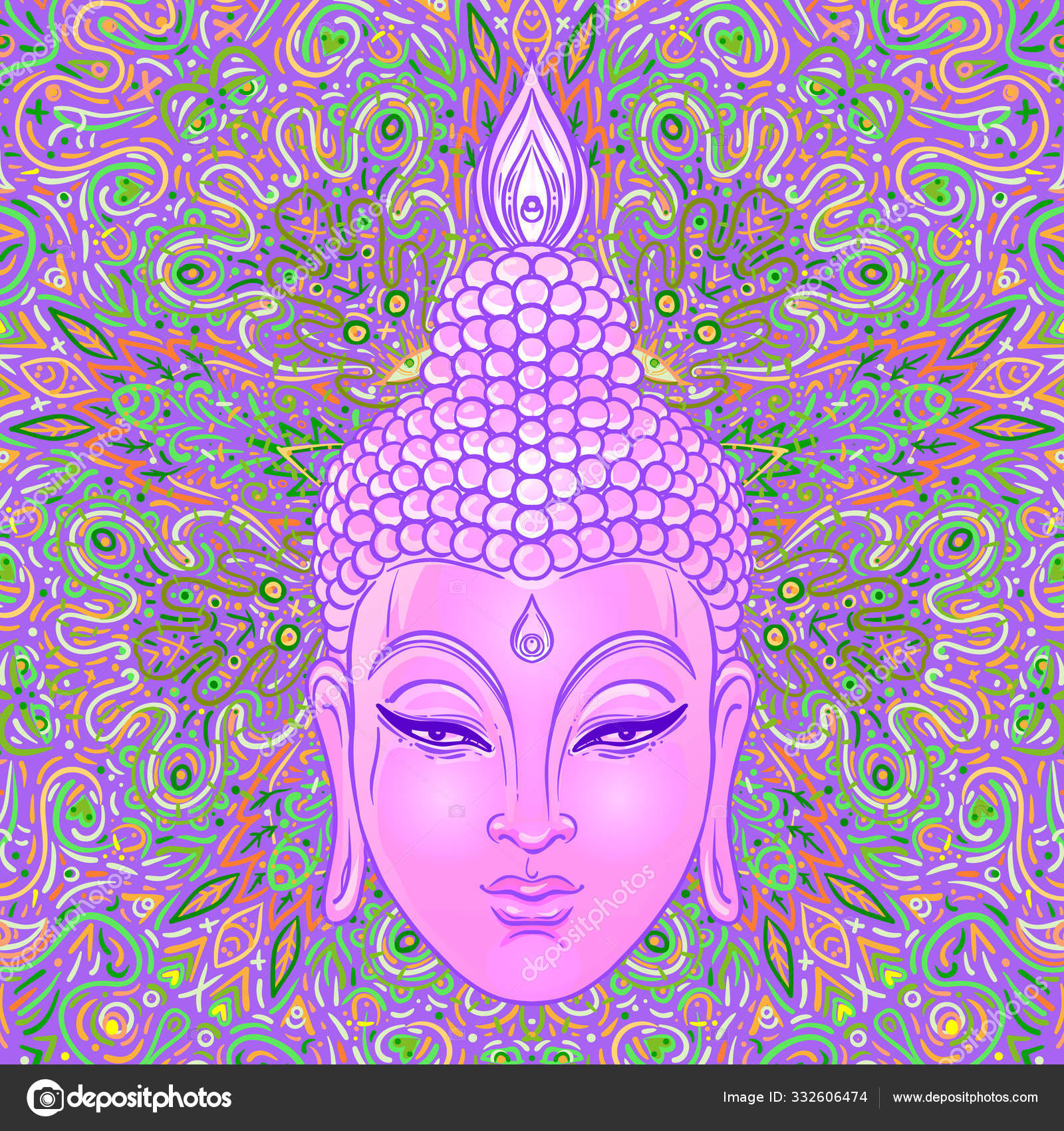 Buddha over colorful neon background. Vector illustration. Psychedelic ...