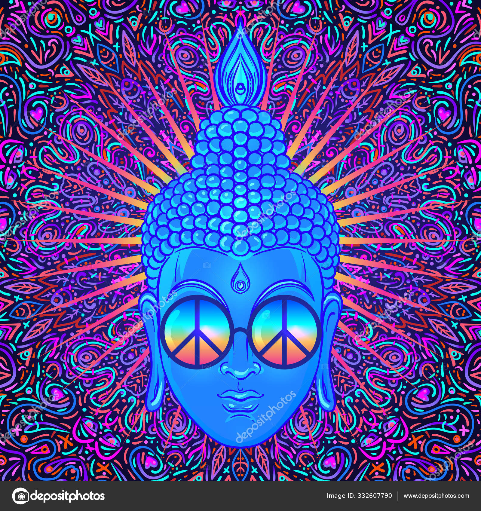Buddha over colorful neon background. Vector illustration. Psychedelic ...